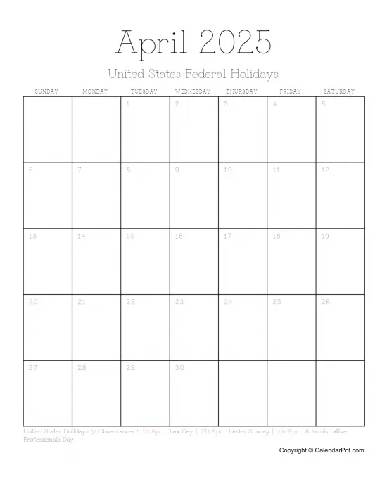April 2083 Monthly Calendar with Holidays - United States